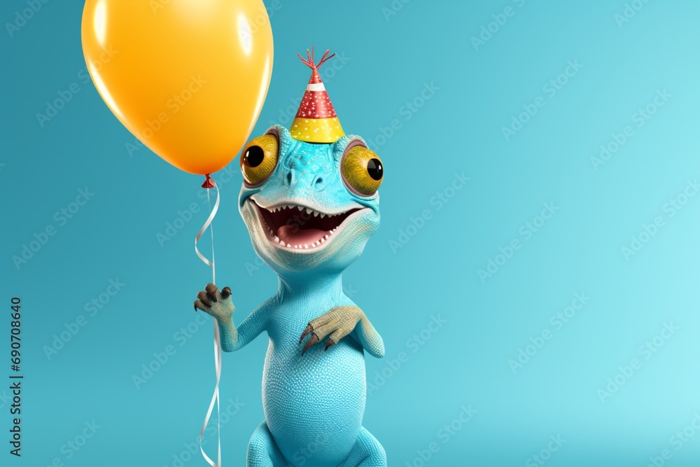 A mirthful lizard holding a birthday balloon, celebrating joyously ...