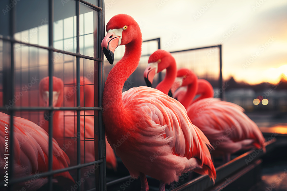 Flamingo in a cage, cell, inside the zoo, in Safari World Stock ...