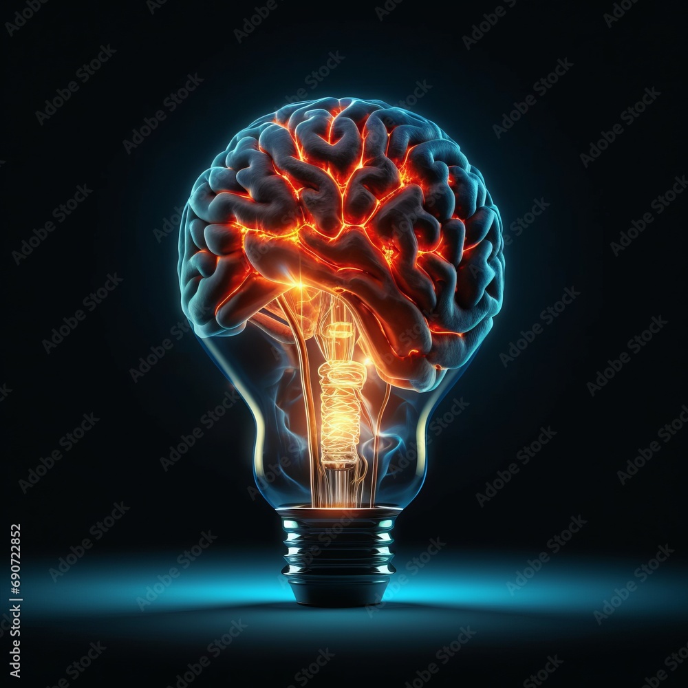 A lightbulb with a glowing brain inside. Conceptual visualization of ...