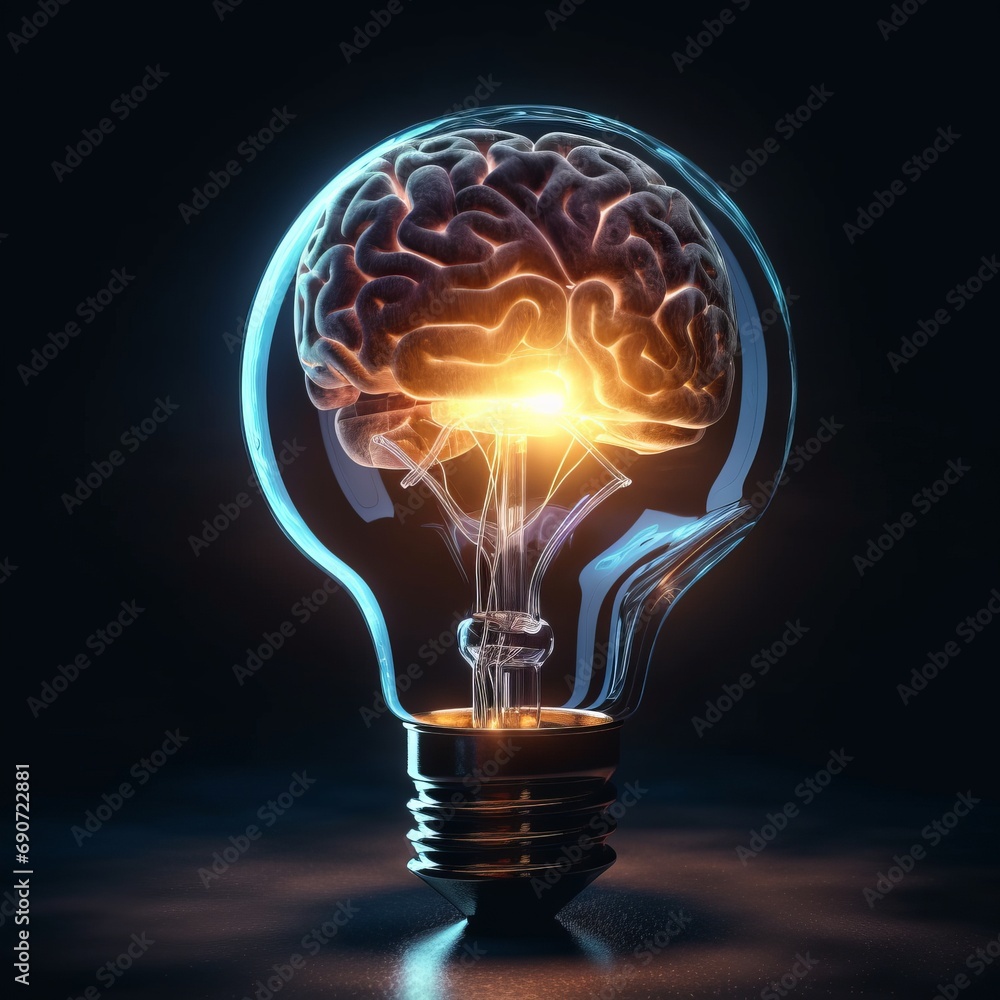 A lightbulb with a glowing brain inside. Conceptual visualization of ...