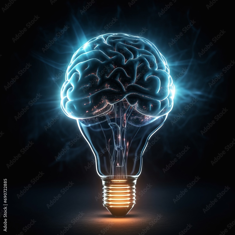 A lightbulb with a glowing brain inside. Conceptual visualization of ...