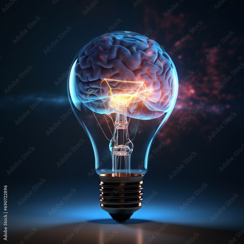 A lightbulb with a glowing brain inside. Conceptual visualization of ...