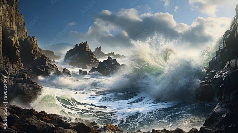 A dynamic ocean scene, featuring waves crashing against rugged cliffs ...