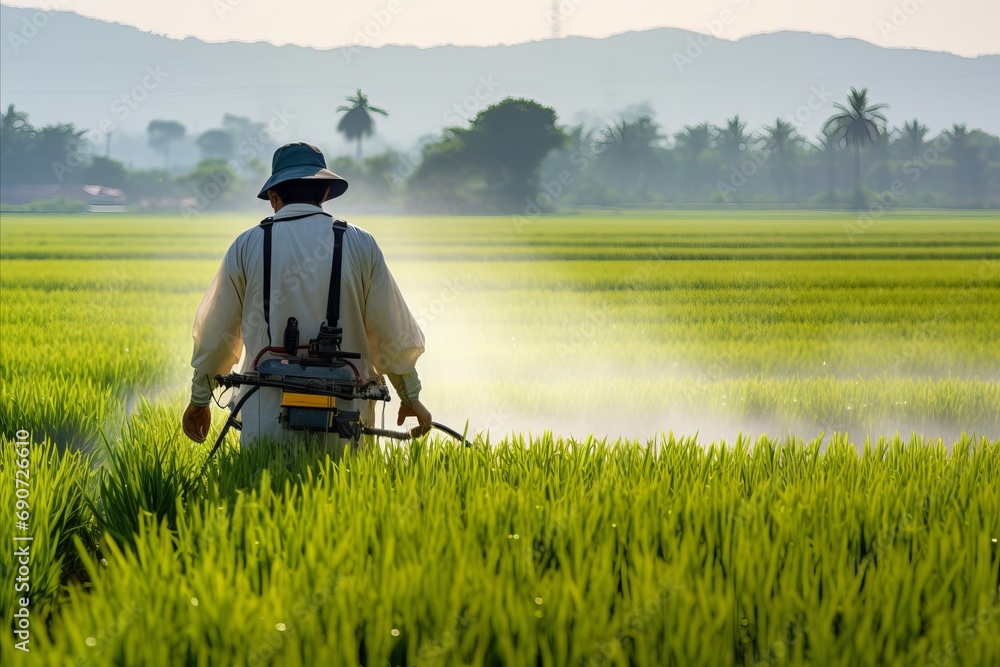 Farmer applying insecticides in a vast rice paddy landscape, Expansive ...