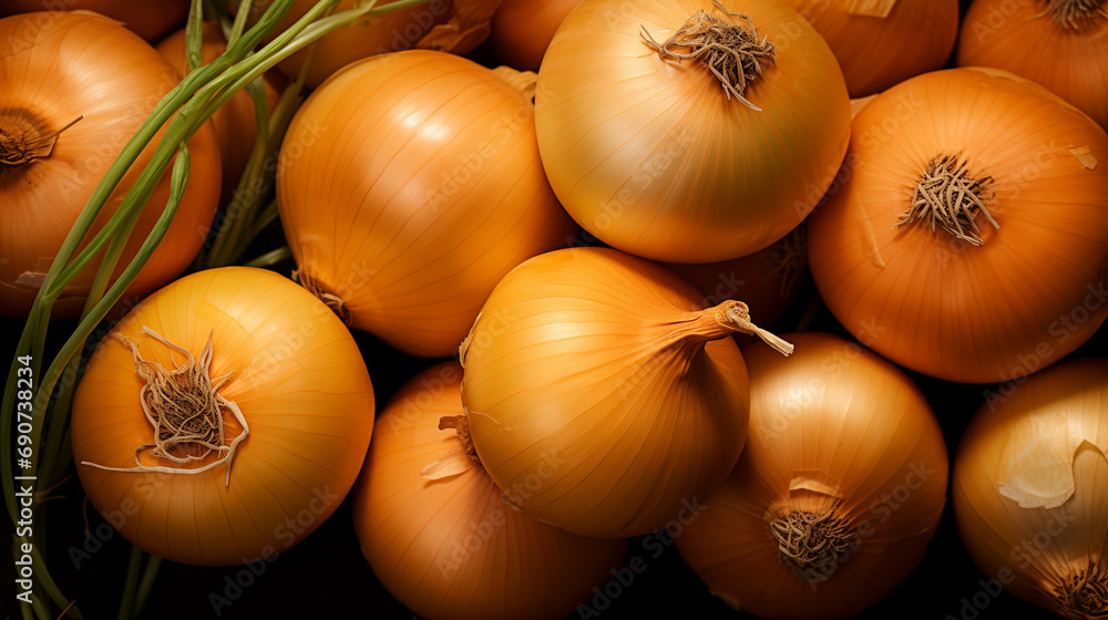 A close up of a pile of yellow onions with green stems. Vibrant and ...