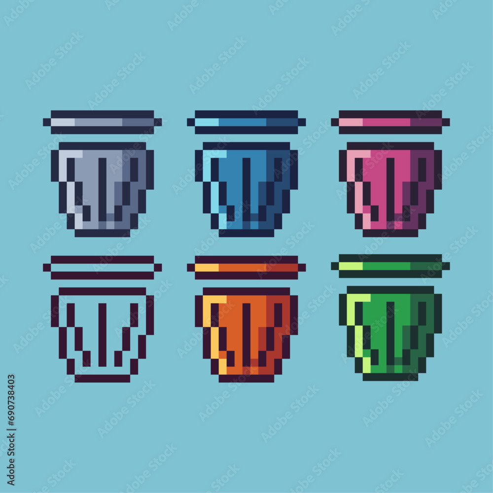 Pixel art sets of trash bin icon with variation color item asset. Trash ...