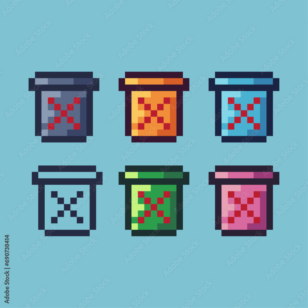 Pixel art sets of trash bin wrong icon with variation color item asset ...