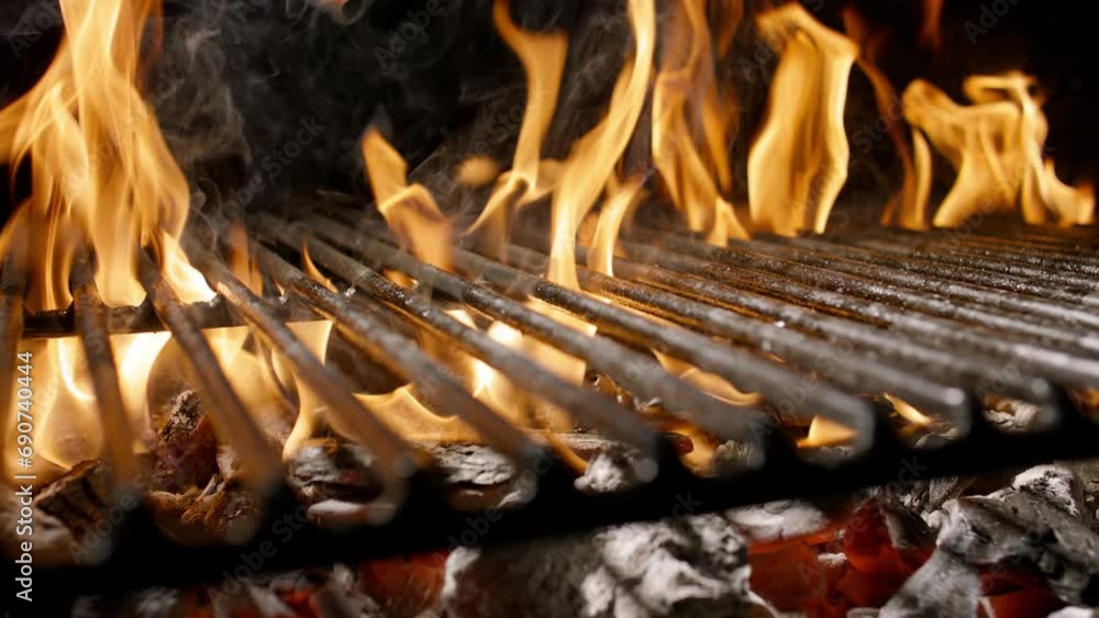 Charcoal flame breaks through grill grate. Fire is dancing on mangal it ...