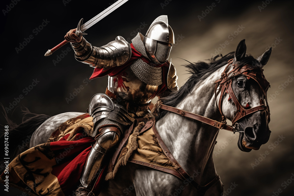 Poster Epic medieval armored knight galloping horse in smoke of dust ...