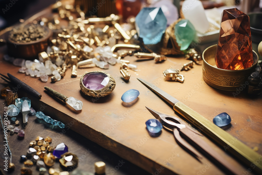 Jewelry makers table with tools, gold bars, precious stones. Generative ...