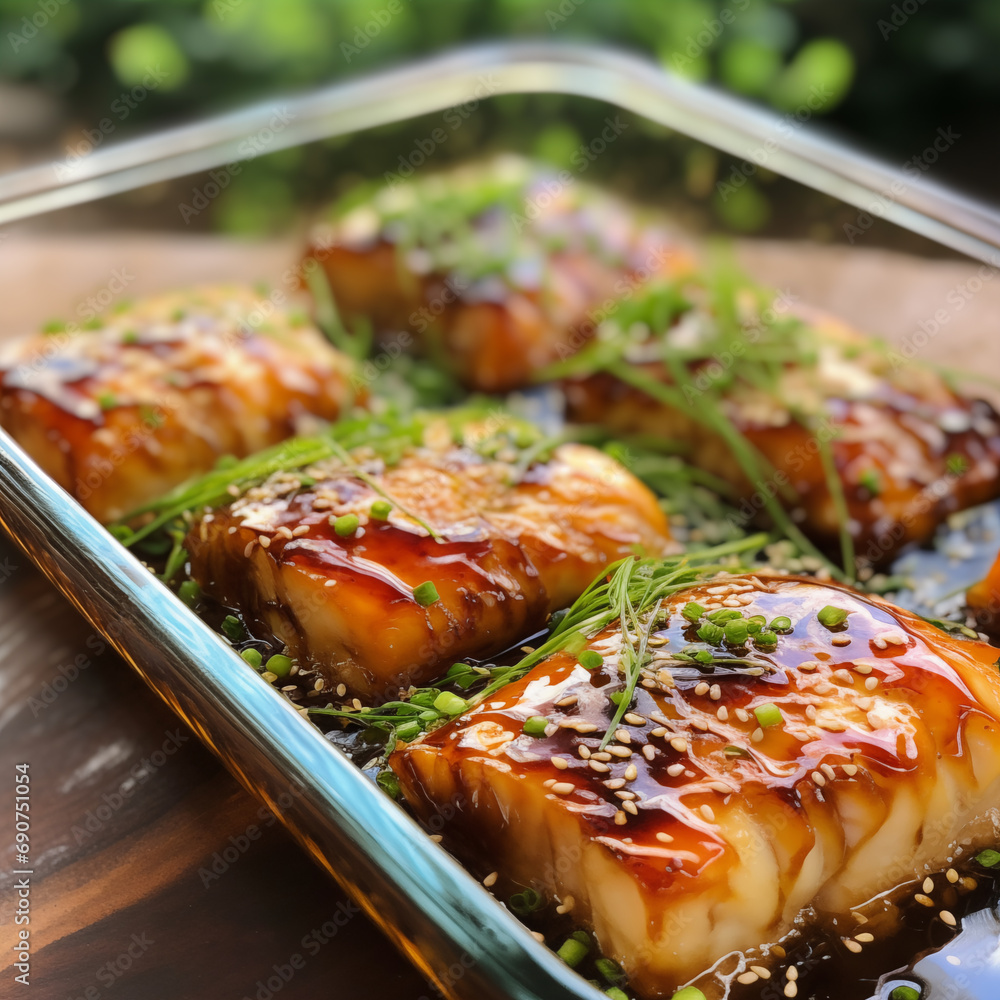 baked sushi tender miso-glazed black cod in a Pyrex Stock Photo | Adobe ...