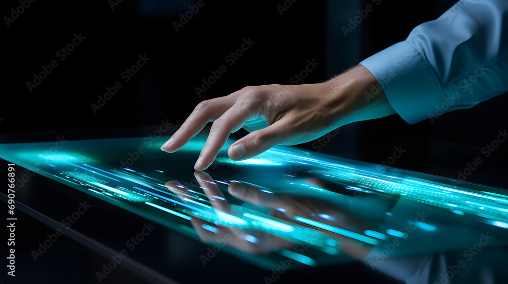 person scrolling on a touch screen, technology background, future ...