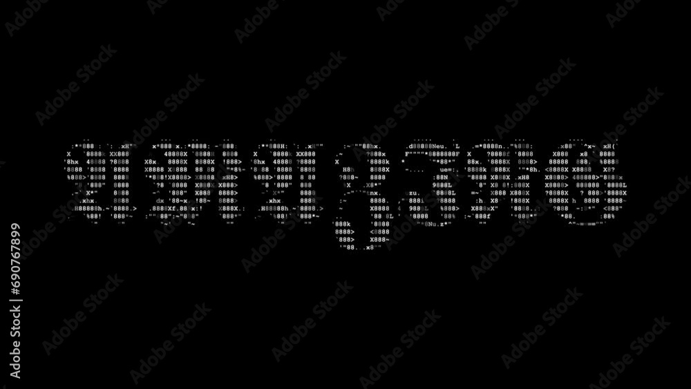 Amazing ascii word animation loop on black background. Ascii code art ...