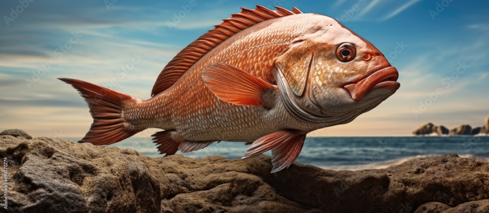 Shiny bronze coloured Australasian snapper Pagrus auratus above sea ...