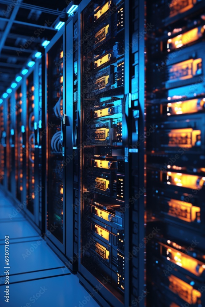 A row of servers in a server room. Perfect for technology and data ...