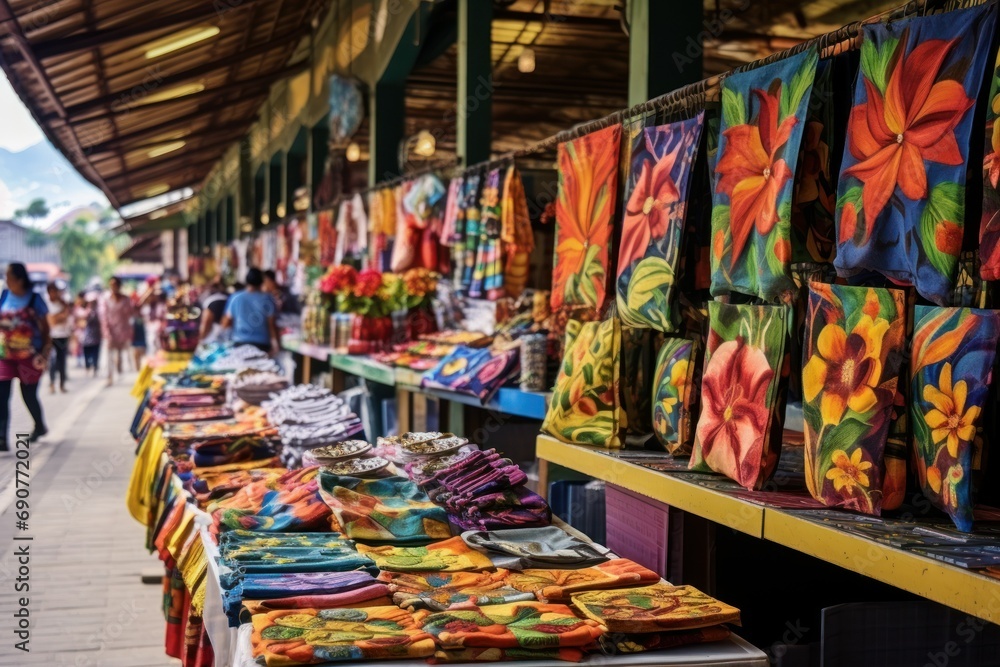 Colorful textile and craft market stalls with vibrant patterns at feria ...