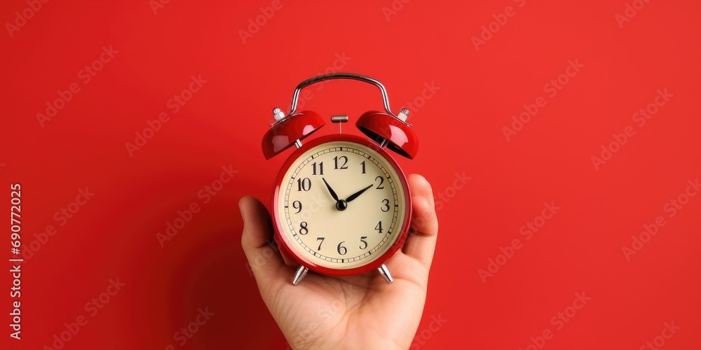 Hand holding a red alarm clock on a red background. This image can be ...