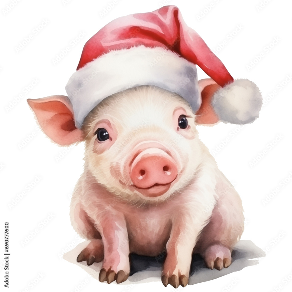 Cute Christmas pig in a Santa hat watercolor illustration, funny piggy ...
