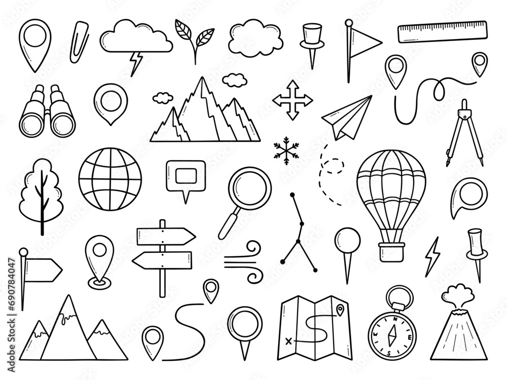 Geography doodle set. Education and study concept. map, globe, compass ...
