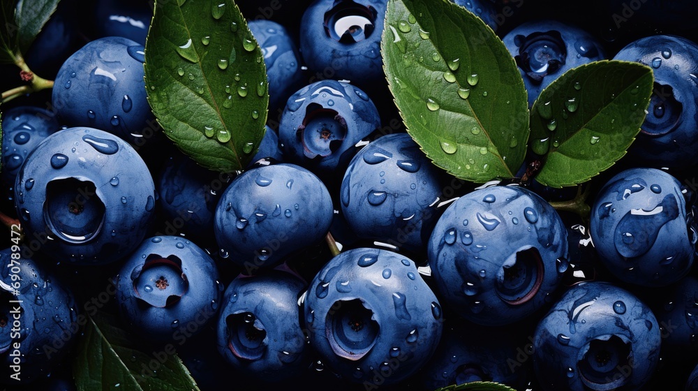 Ripe blueberries with water drops background, vitamin C. Realistic 3D ...