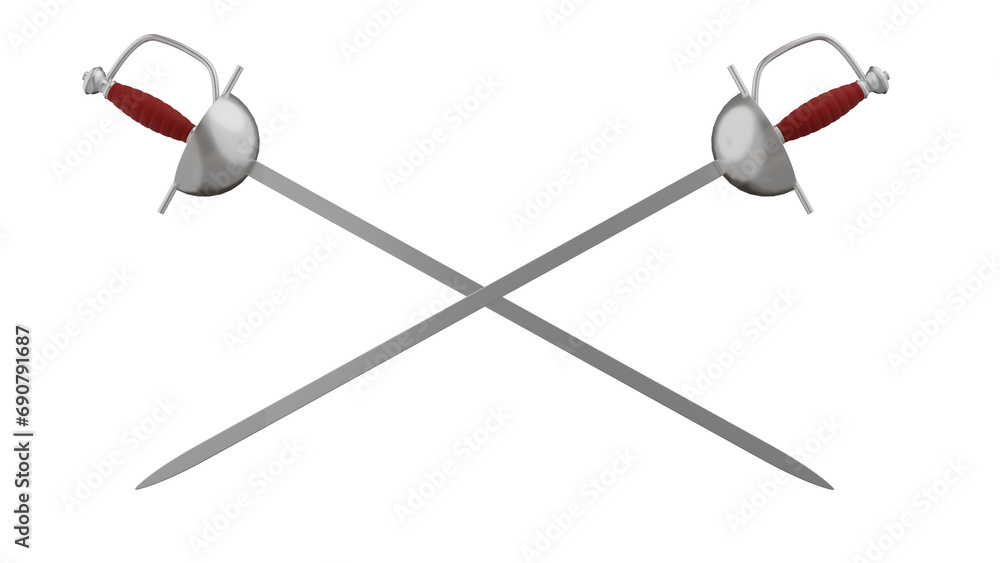 Crossed foil swords with red handles isolated on transparent and white ...