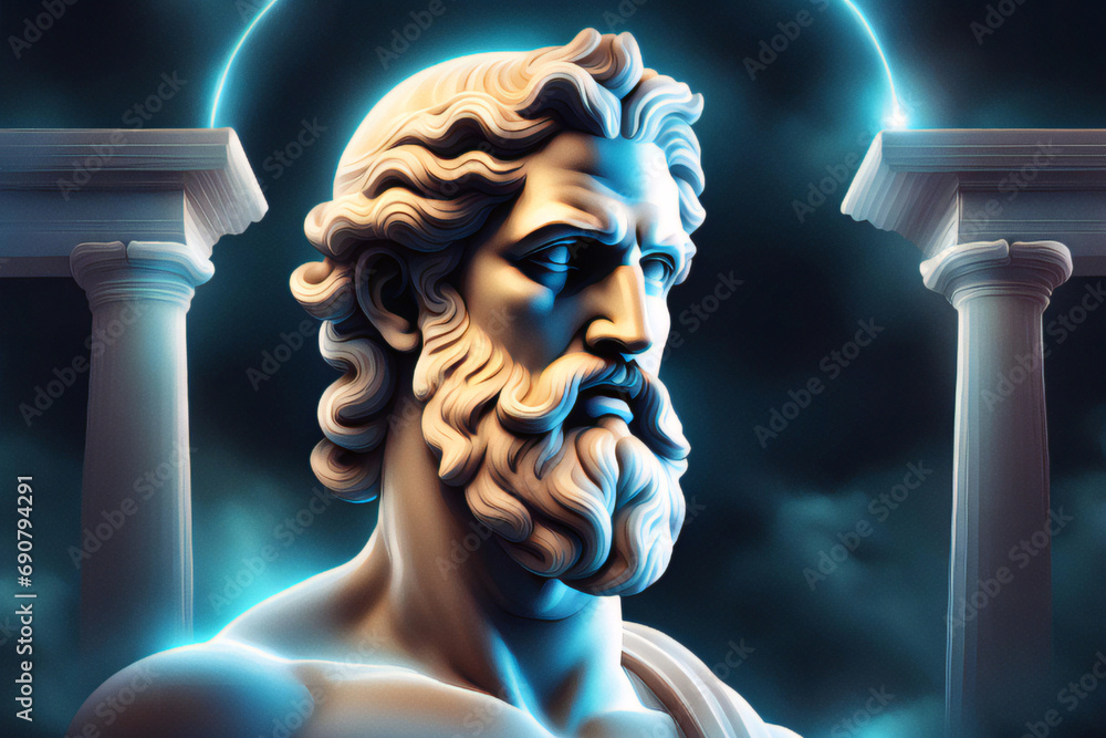 Male statue of a Roman deity, muscular Zeus with lightning in his hands ...