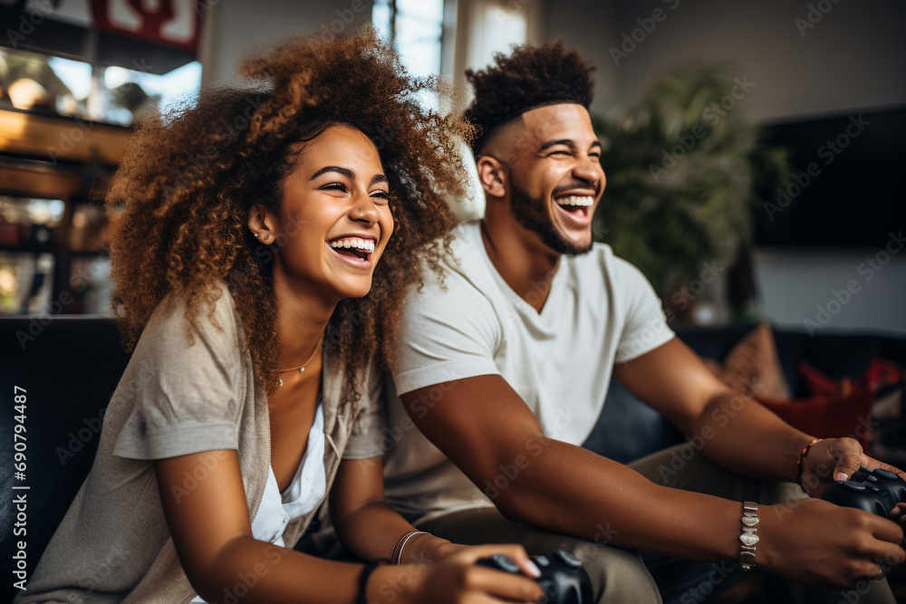 A young guy and a girl are playing a console. Happy smiling people with ...