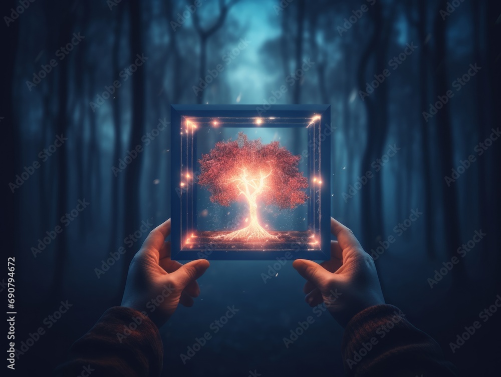 person holding a frame with an illustration of a tree under blue light ...