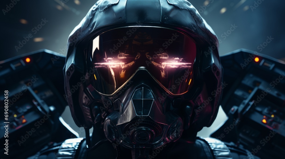 Fighter Pilot in flight wearing flying helmet, dark visor and oxygen ...