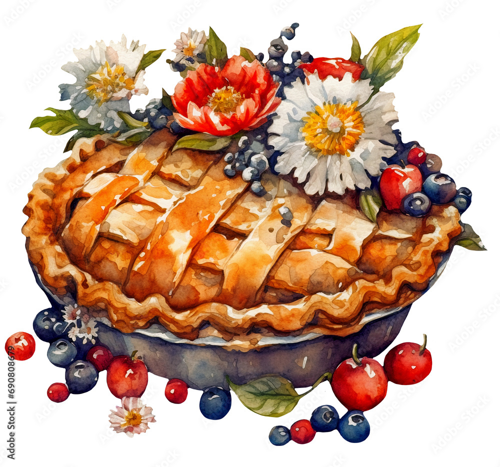 Watercolor illustration of a pie. Transparent background, png. Ai ...