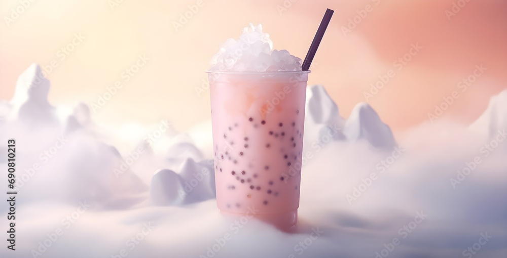 Bubble tea milkshake with fruits, dessert with tapioca balls, cold ...