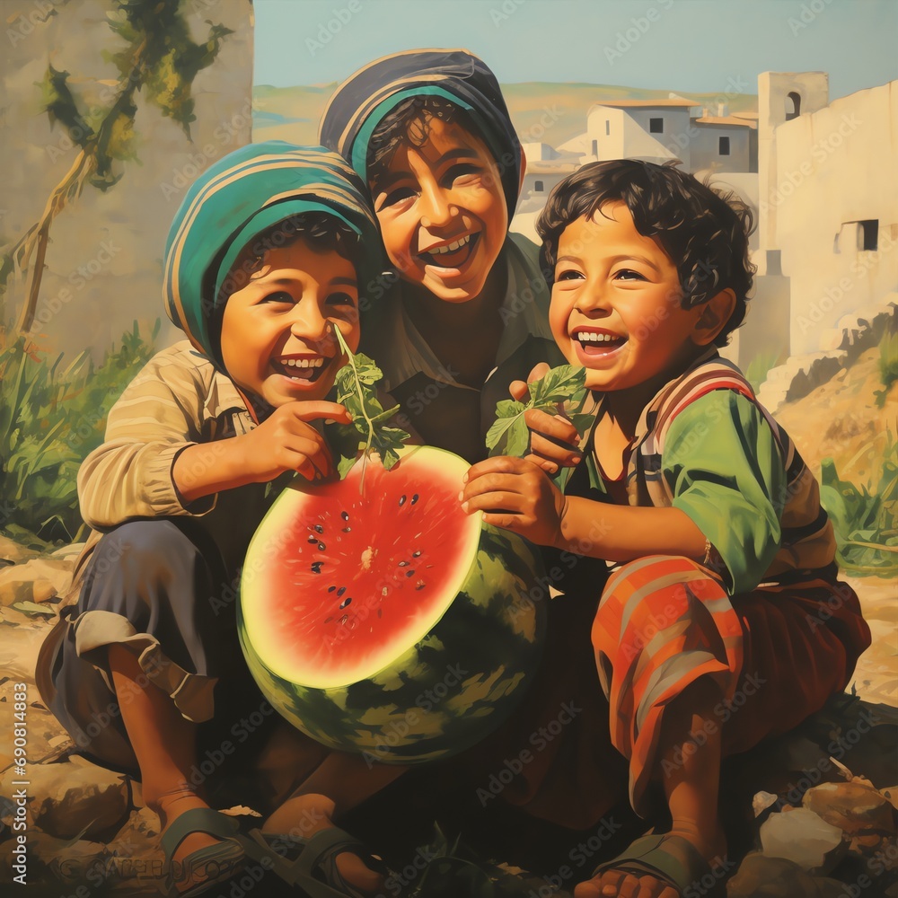Happy Palestinian Children Eating Watermelon Stock Illustration | Adobe ...