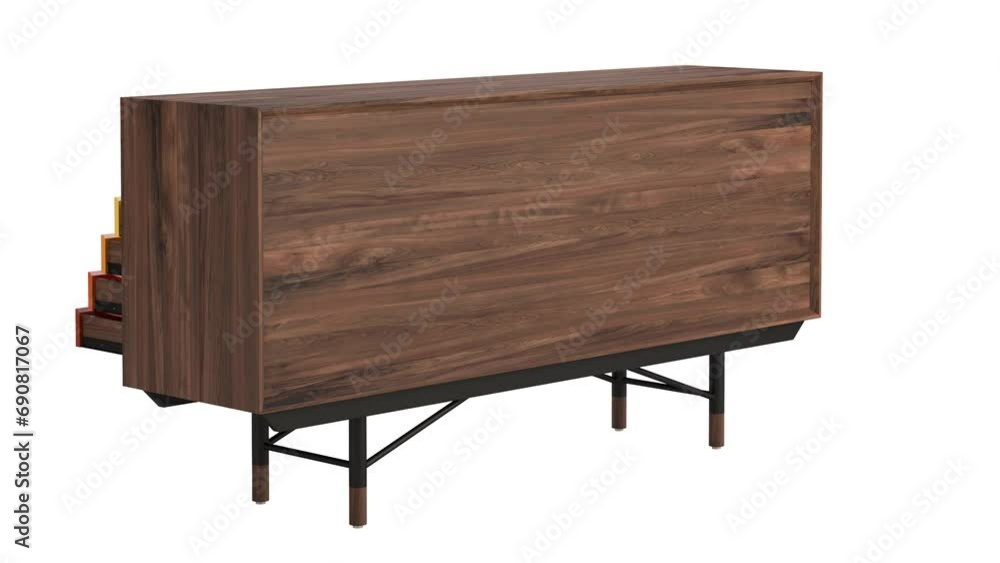 Circular animation of sideboard with retractable shelves. Wooden chest ...