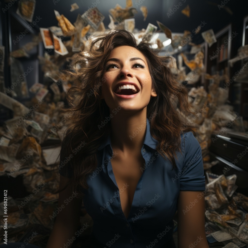 Money is raining from the sky in an office onto a happy female office ...