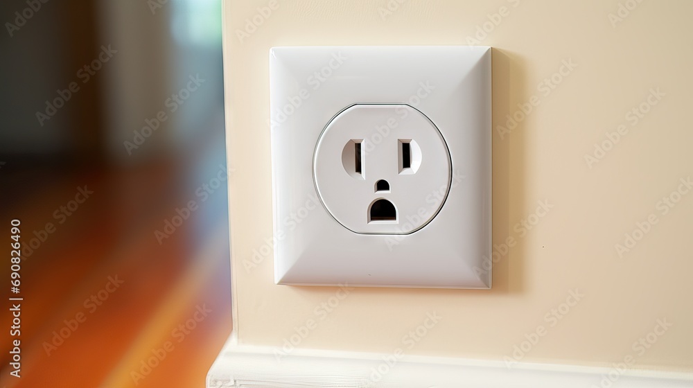 an electrical outlet exhibiting pareidolia, resembling a sad or shocked ...