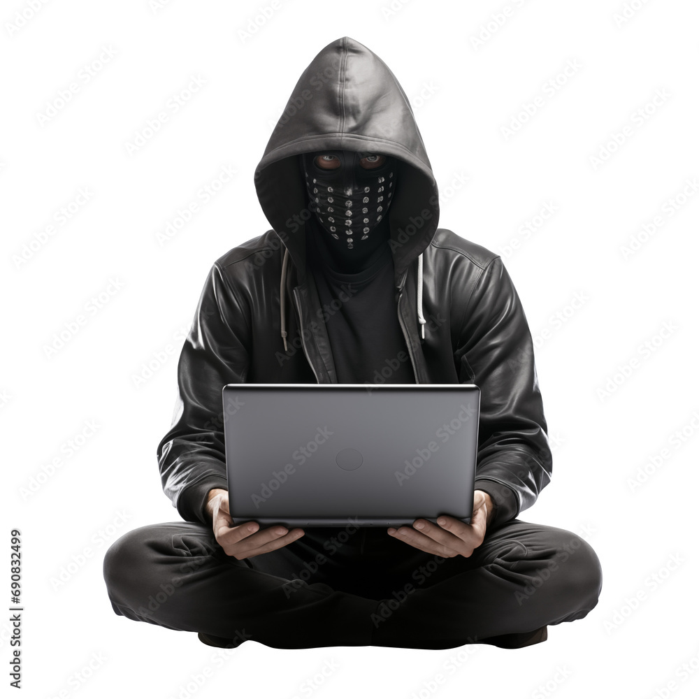 Hacker in black hoodie sitting, using laptop and hacking, stealing isolated on transparent ...