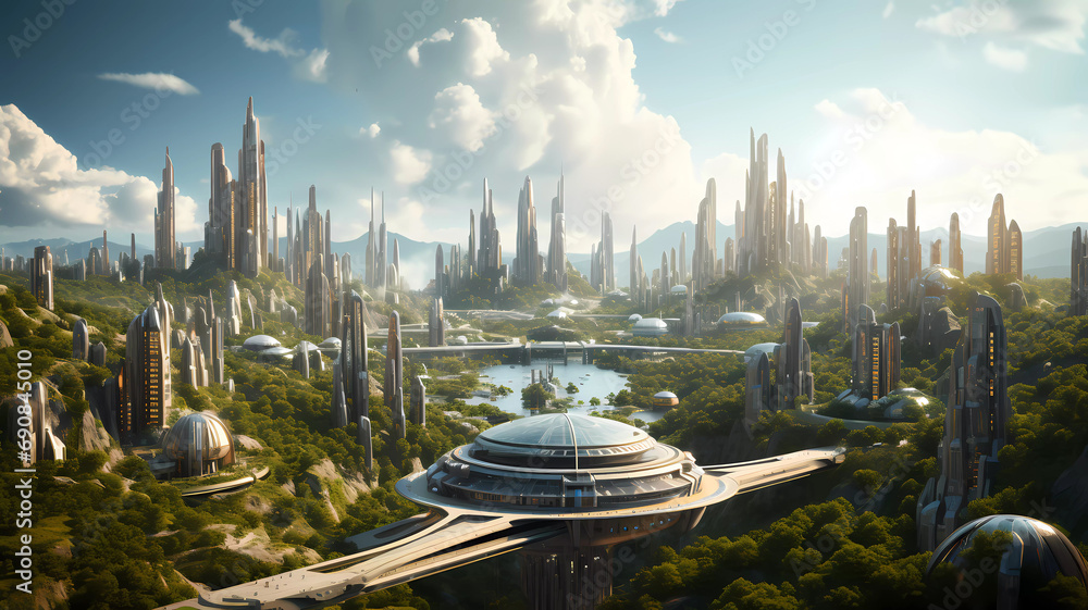 Utopian landscape with city. Futuristic green city concept. Stock ...