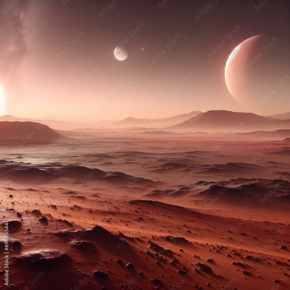 The surface of a rocky planet with other planets & moons visible in the ...