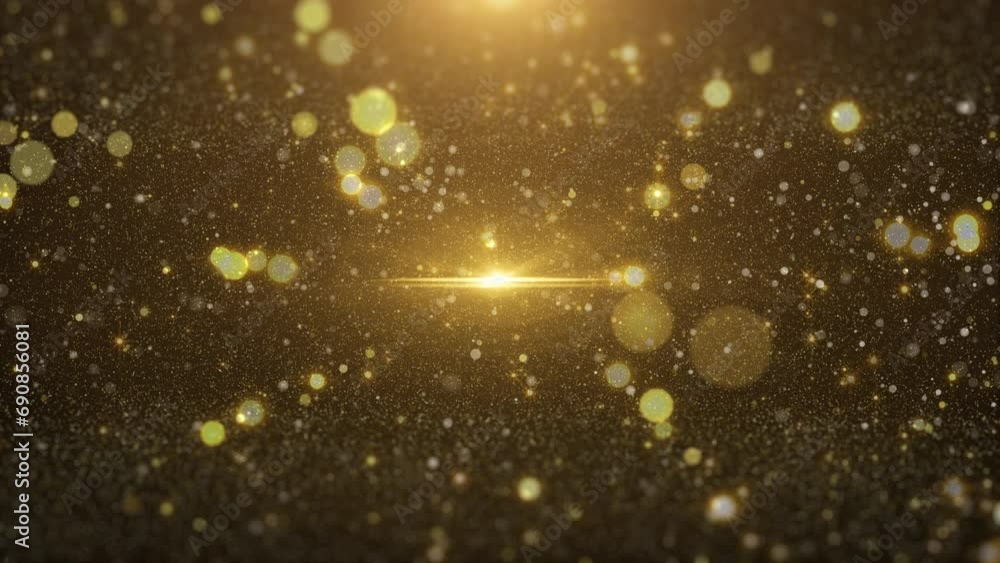 Golden glittering sparkle, flickering particle fly through on the center of lens flare. Glamour ...