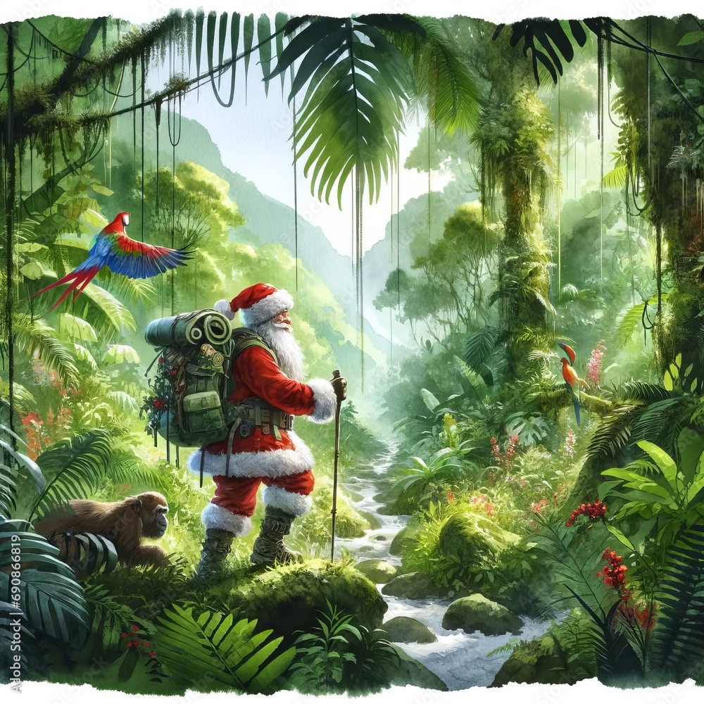 Watercolor Santa Claus hiking on mountain in winter, and wearing his ...