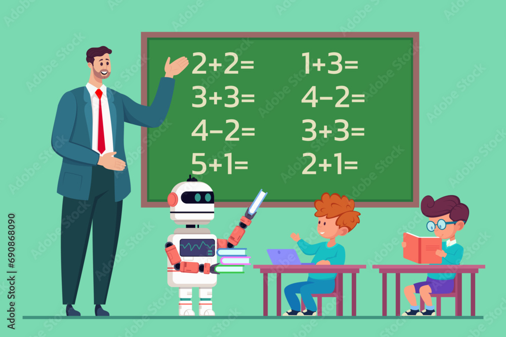Robot helping teacher in classroom vector illustration. Male teacher ...