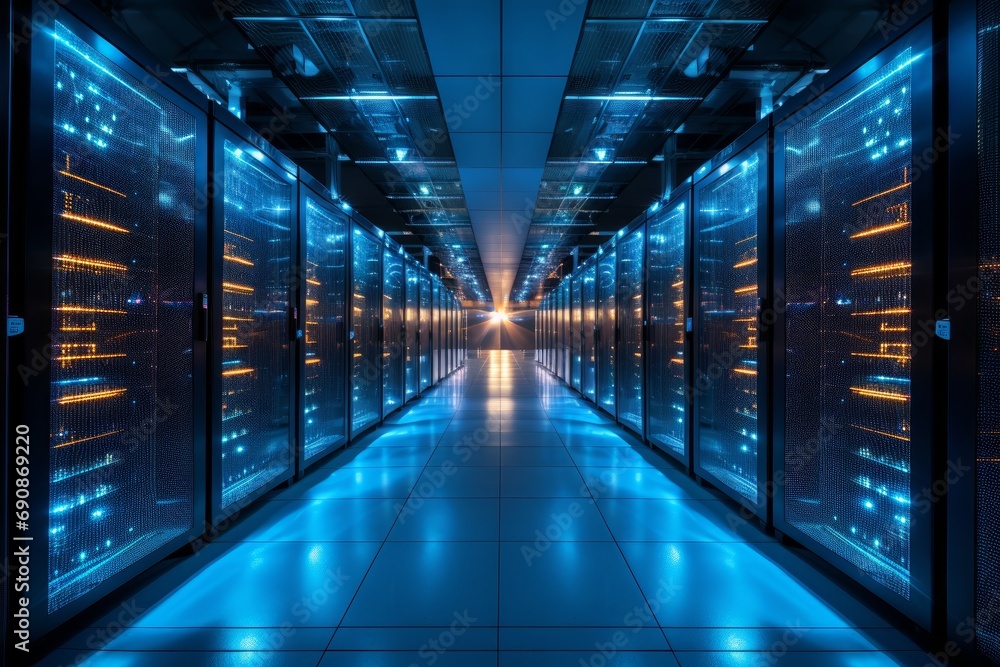 Photo of a high-tech data center with rows of servers and advanced ...