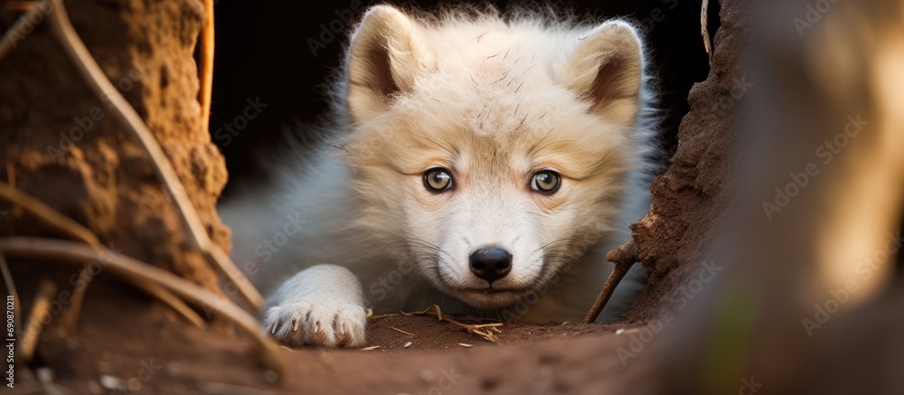 Arctic wolf cub by den entrance. Stock Photo | Adobe Stock