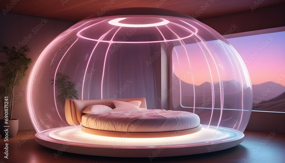 Levitating Bed, Cocoon Canopy, Serene Holograms, Futuristic Sleep ...