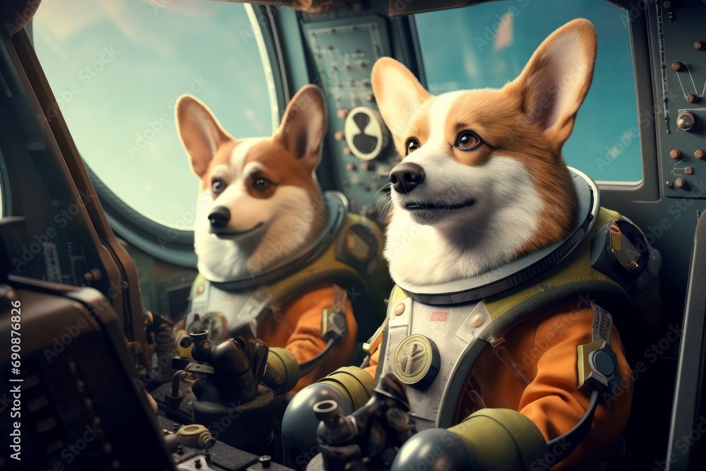 Cockpit with pilot corgi and his copilot robot with dog interface ...