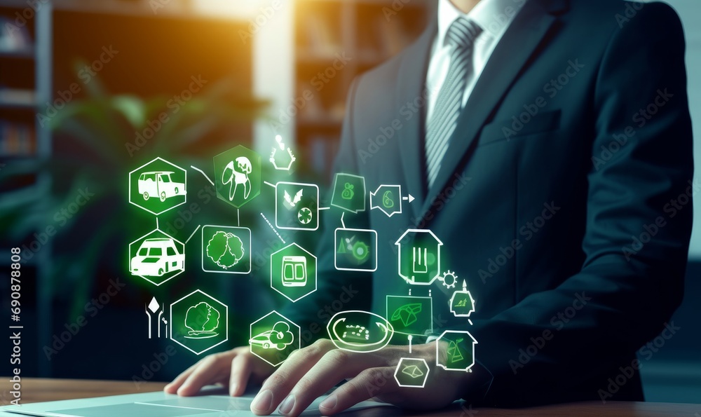 Businessman analyze investment sustainability ESG icons. ESG ...