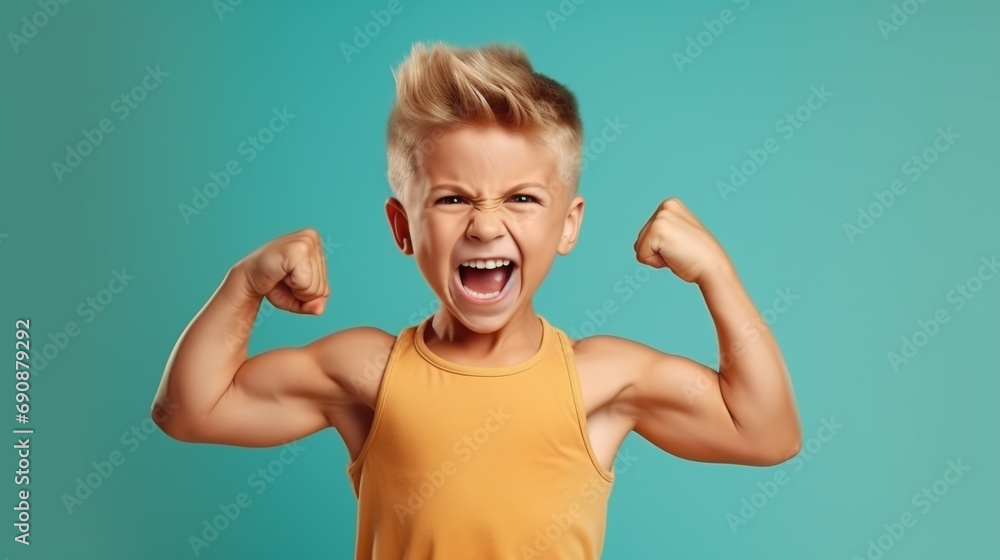 Funny little power super hero kid showing muscles. Strength, confidence ...