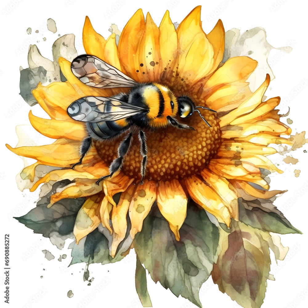 Cartoon watercolor bee with sunflowers on a transparent background ...