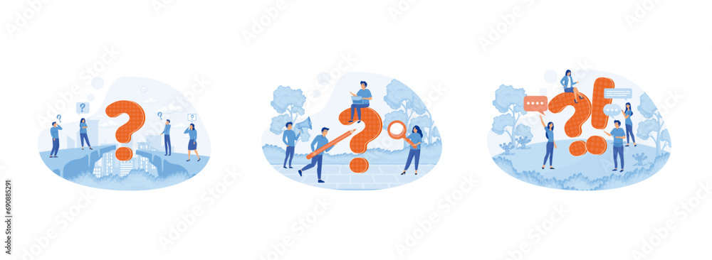Vetor de Business people asking questions around a huge question mark ...