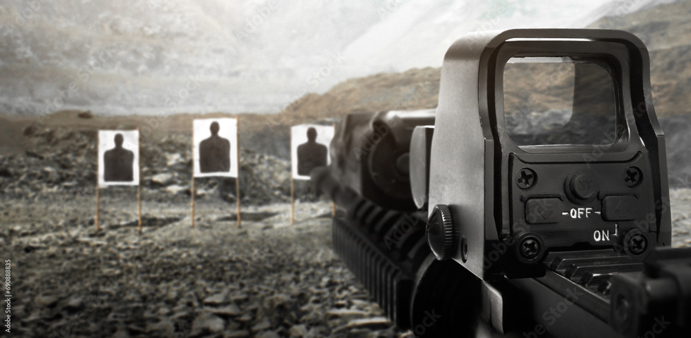 Assault rifle red dot target view, image of a rifle scope sight used ...